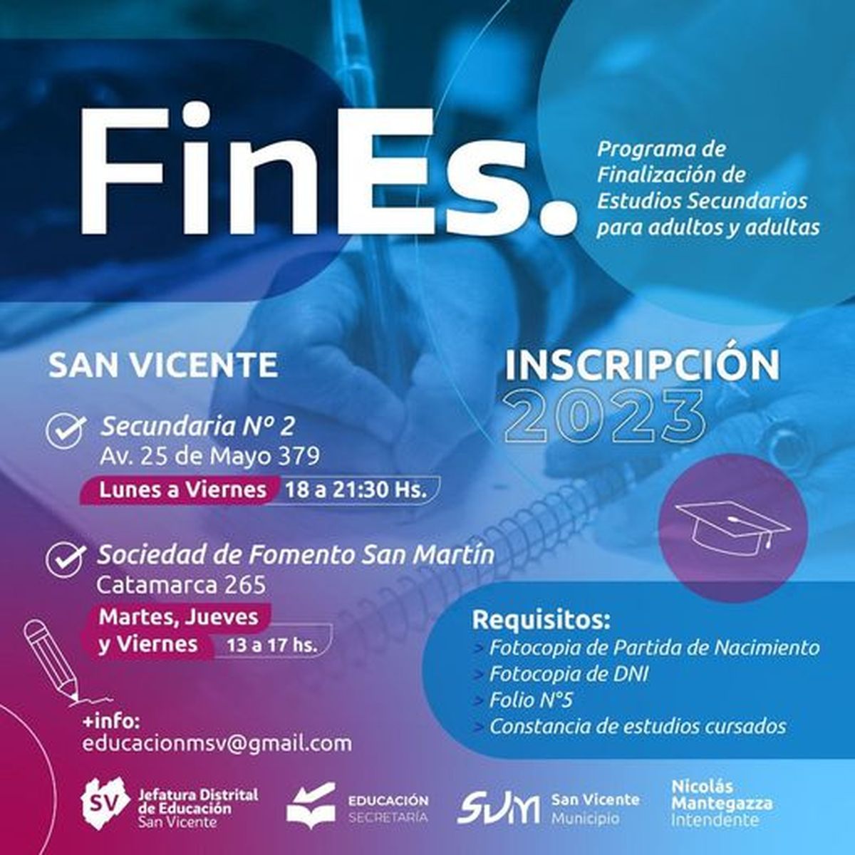 Ya está abierta la inscripción al Plan FinEs en San Vicente